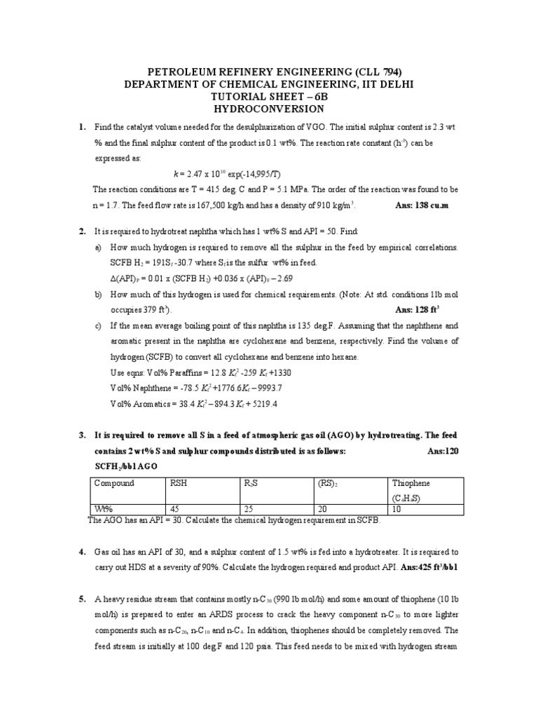 Hydroconversion Tut Sheet Tut 6B | PDF | Chemical Process Engineering | Chemistry