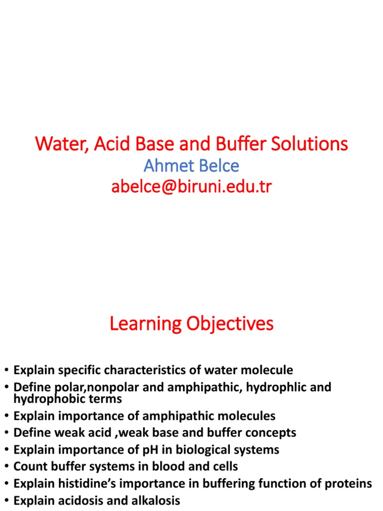1.water, Acids, Bases, Buffer Solutions in Biochemistry | PDF | Chemical Polarity | Buffer Solution