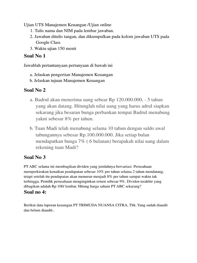 Soal UTS Manajemen Keuangan 2021 | PDF