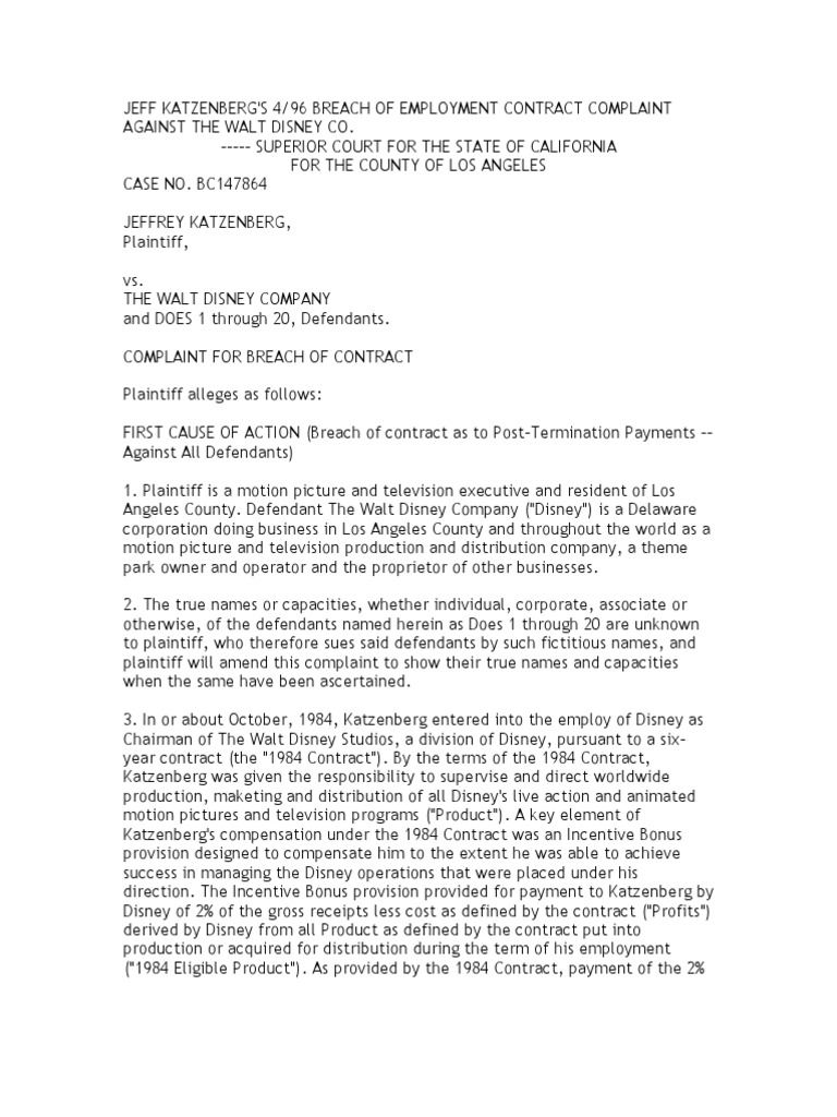 Sample Complaint | PDF | The Walt Disney Company | Breach Of Contract