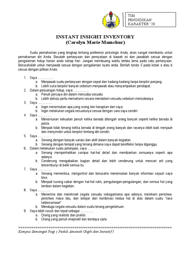Instant Insight Inventory (Test Mbti) | PDF