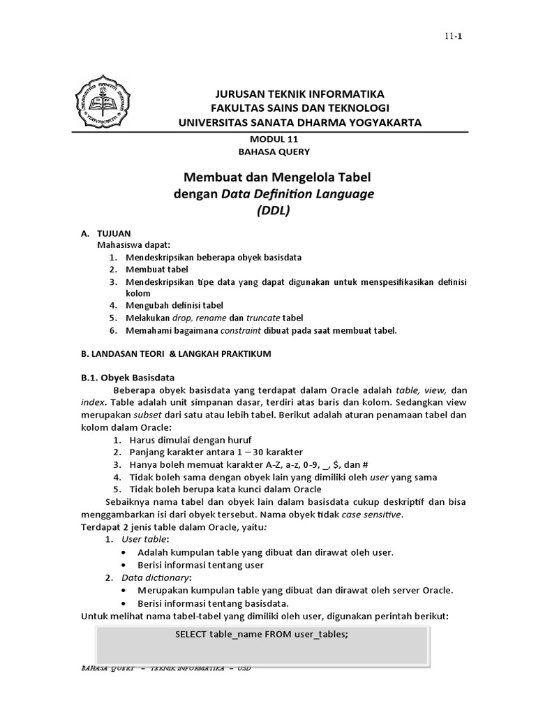 MODUL 11 Bahasa Query - Membuat Dan Mengelola Tabel | PDF