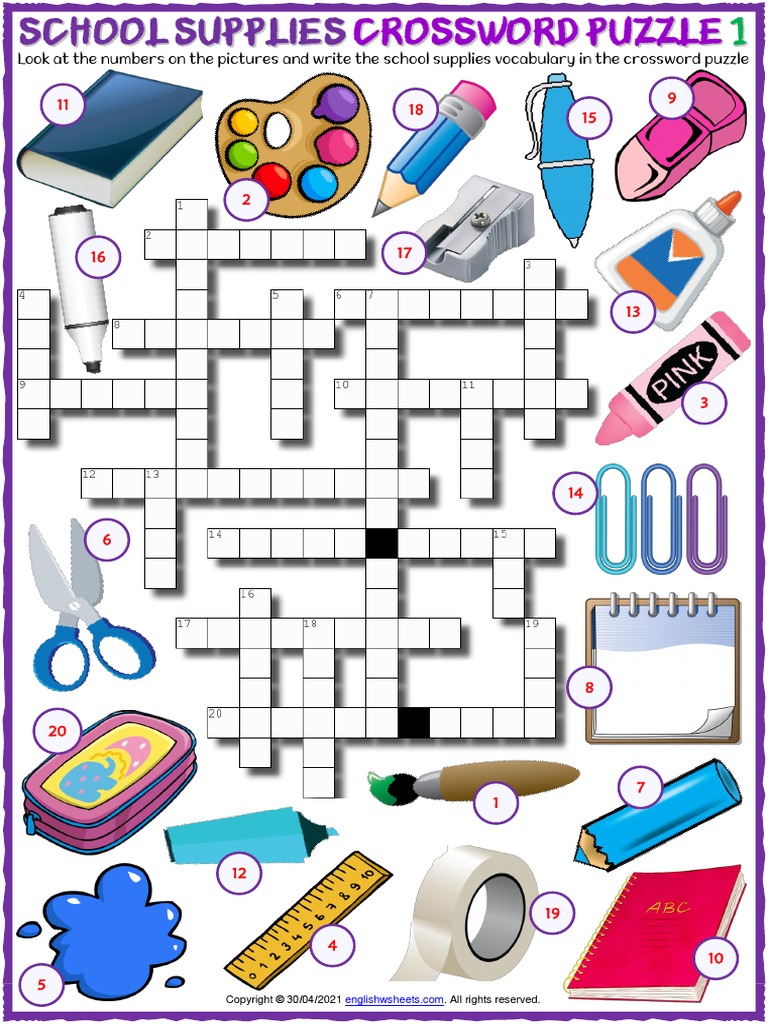 School Supplies Vocabulary Esl Crossword Puzzle Worksheets For Kids ...