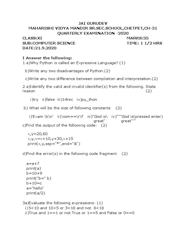 Class XI Comp Sci QP | PDF