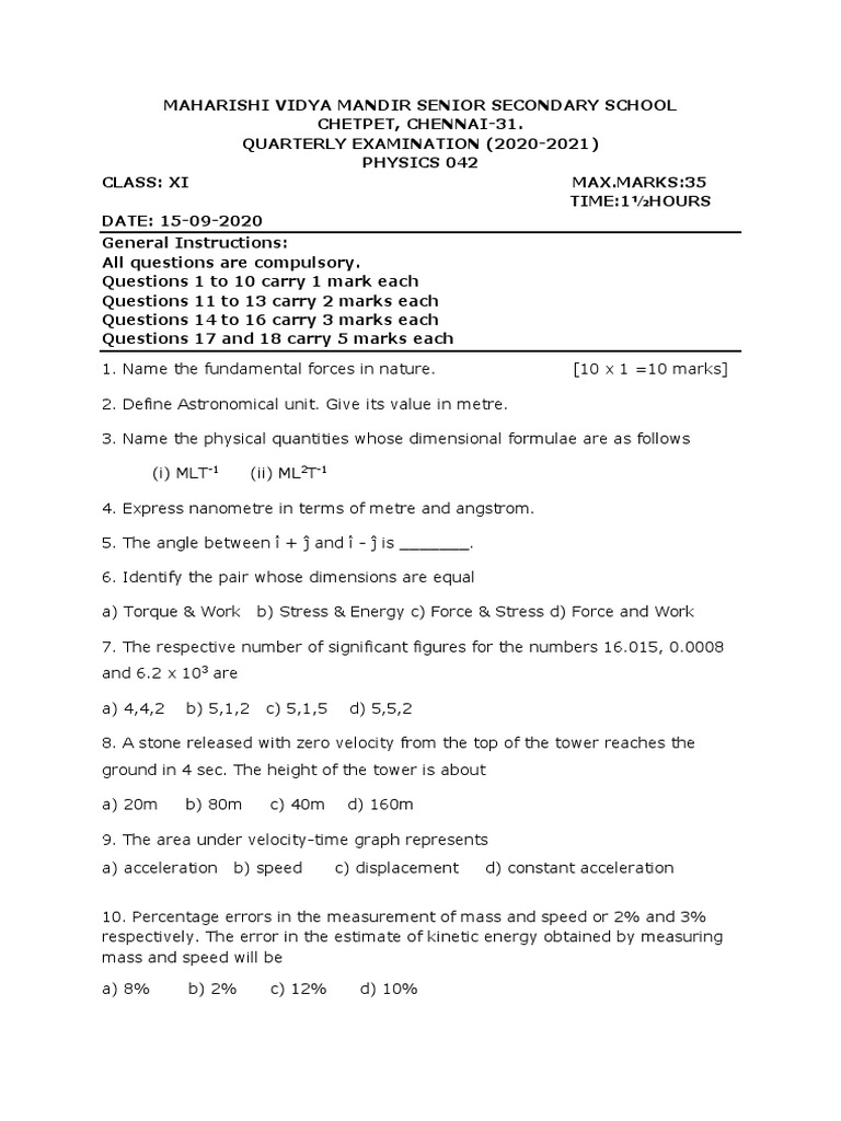 Class Xi Physics QP | PDF | Velocity | Acceleration