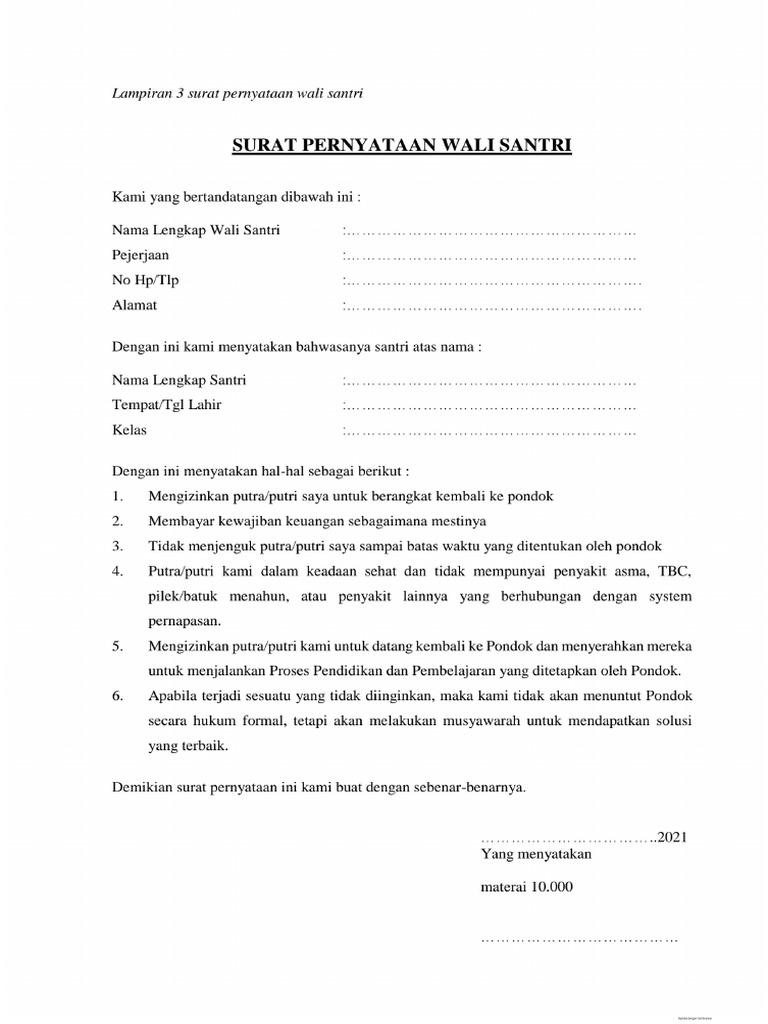 Surat Pemberitahuan Kedatangan Santri - Edit | PDF