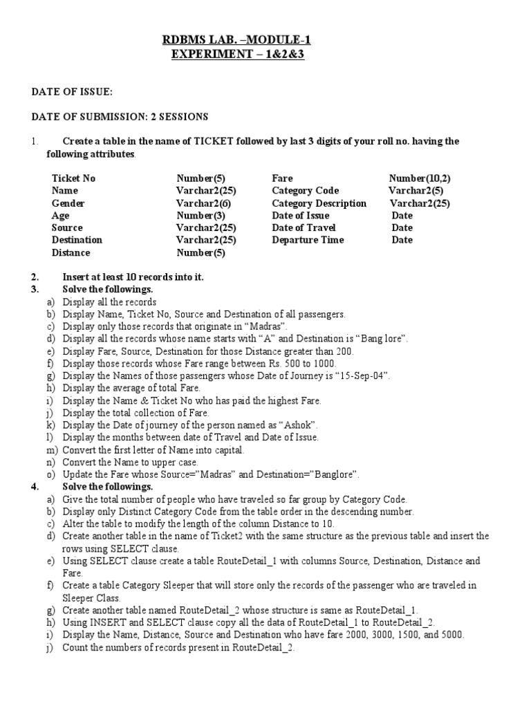 Rdbms Lab Module 1 Experiment 1and2and3 Pdf Pl Sql Sql