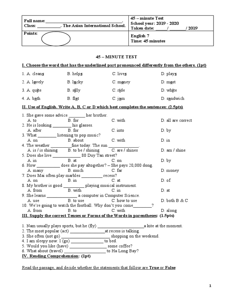 45 Minute Test | PDF | Linguistics