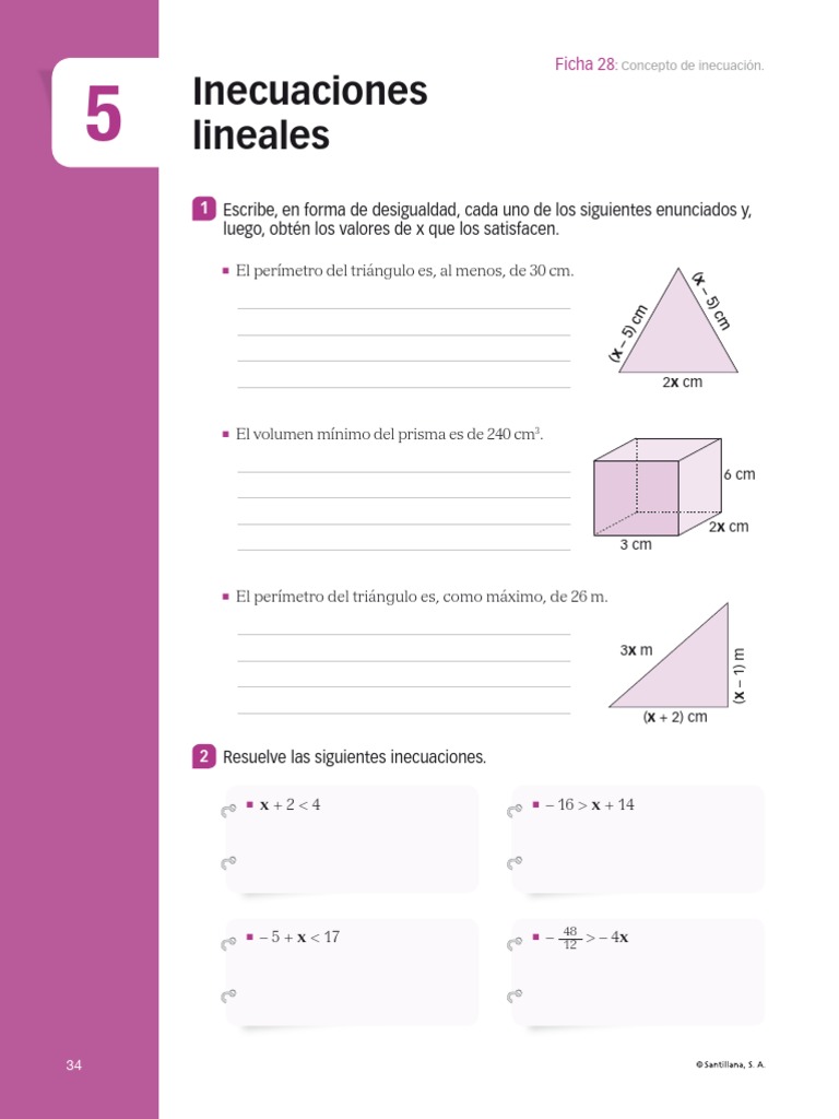 Inecuaciones Lineales: Ficha 28 | PDF | Desigualdad (Matemáticas) | Matemáticas
