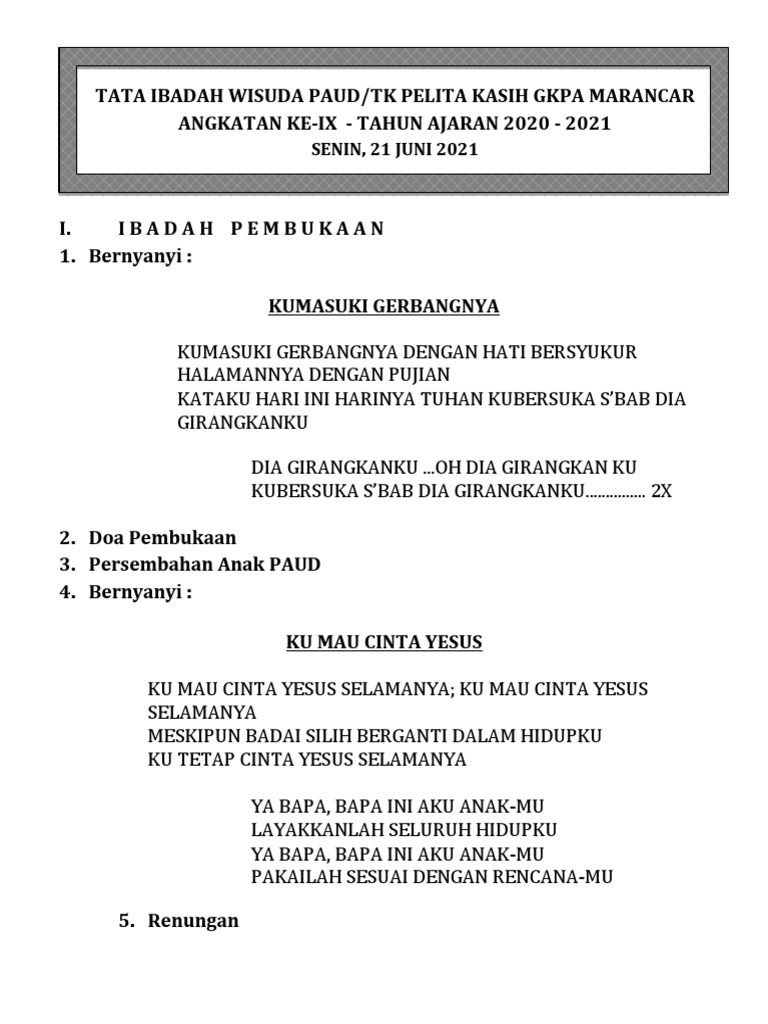 Tata Ibadah Wisuda Paud 2021 | PDF