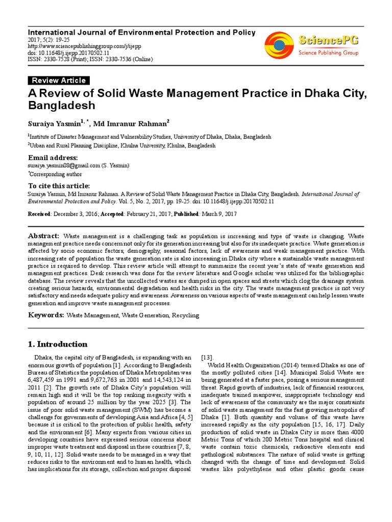 A Review of Solid Waste Management Practice in Dhaka City, Bangladesh ...