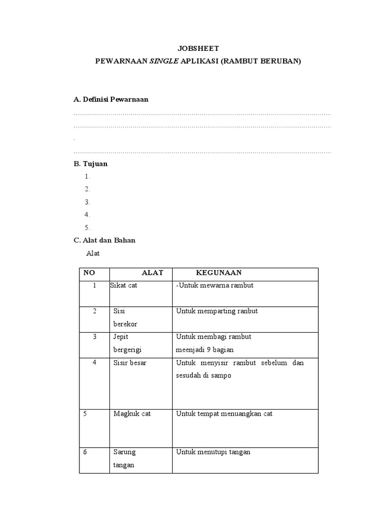 Jobsheet Pewarnaan Rambut | PDF | Griya & Taman