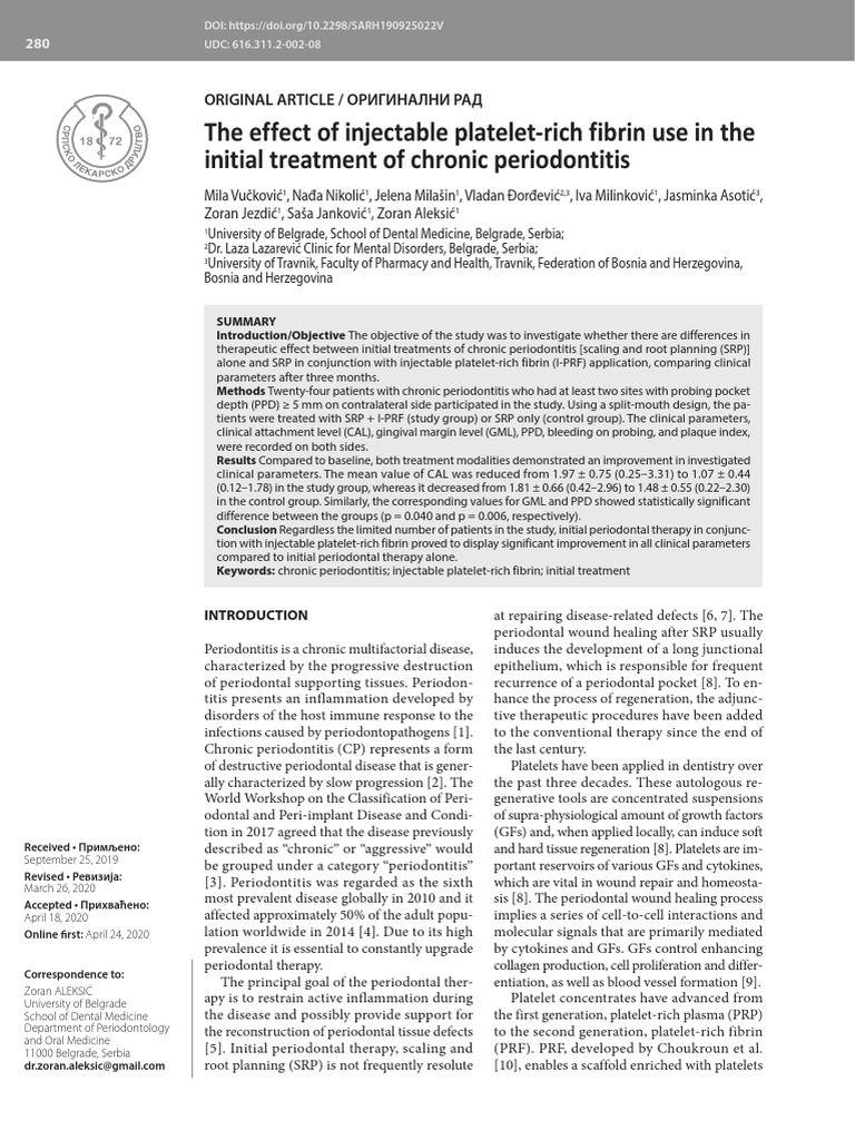 I-PRF vs. SRP in Chronic Periodontitis | PDF | Periodontology | Health ...