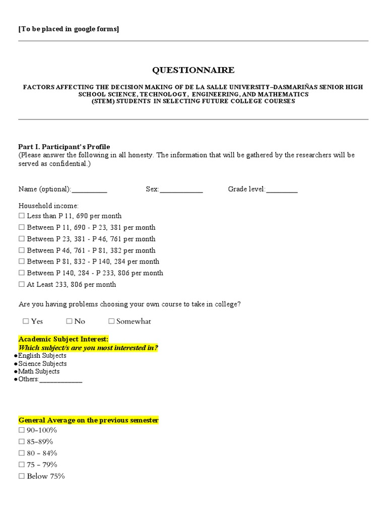 Questionnaire: (To Be Placed in Google Forms) | PDF | Decision Making ...