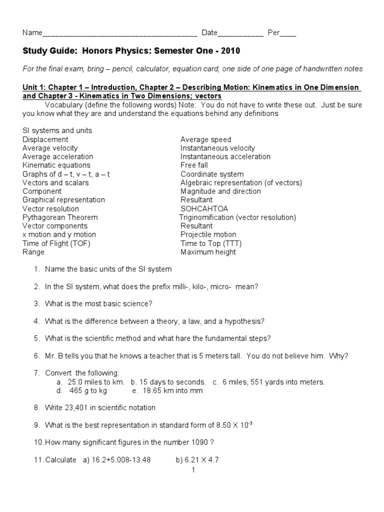 Physics Honors 1st Semester Study Guide 2010 | Download Free PDF ...