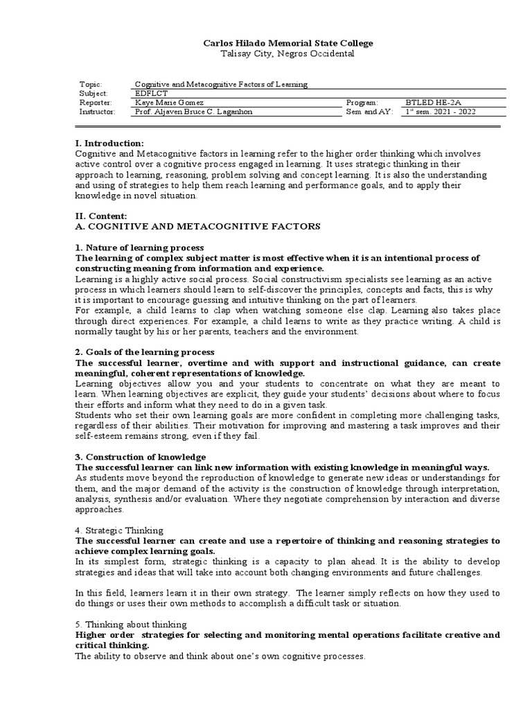 Lesson Guide 1 Cognitive and Metacognitive | Download Free PDF | Learning | Metacognition