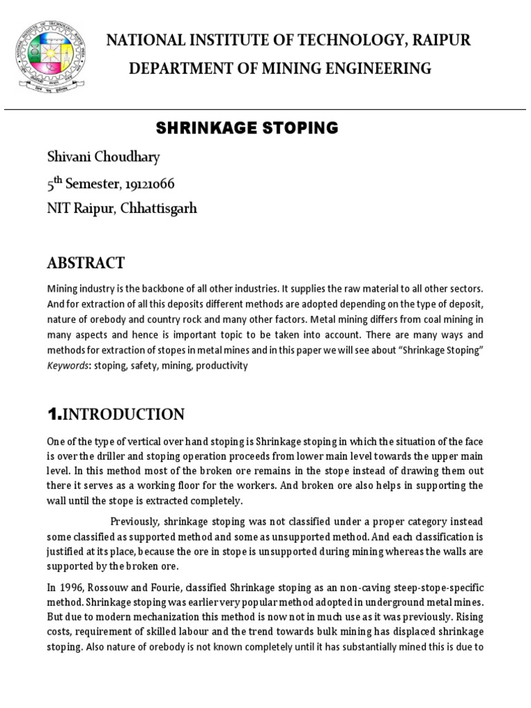 Shrinkage Stoping in Mining Engineering | PDF | Mining | Materials
