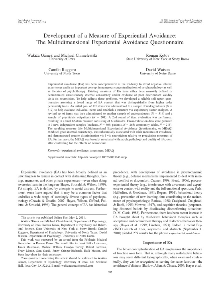 Development of A Measure of Experiential Avoidance: The ...