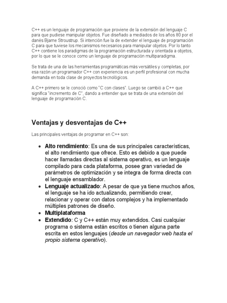 Ventajas y Desventajas de C++: Alto Rendimiento | PDF | C ++ | Lenguaje ...