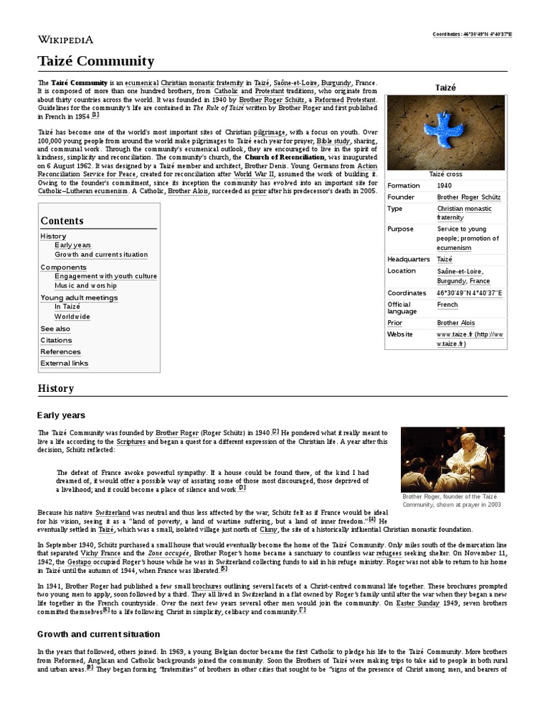 Taizé Community: History | PDF | Christian Denominational Families