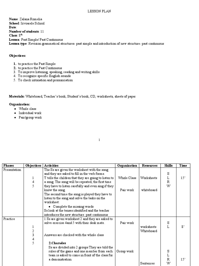 Lesson Plan Past Simple Past Continuous | Download Free PDF | Sentence ...