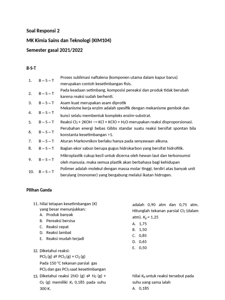 Soal Responsi 2 Kimia Sains Dan Teknologi (KIM104) | PDF
