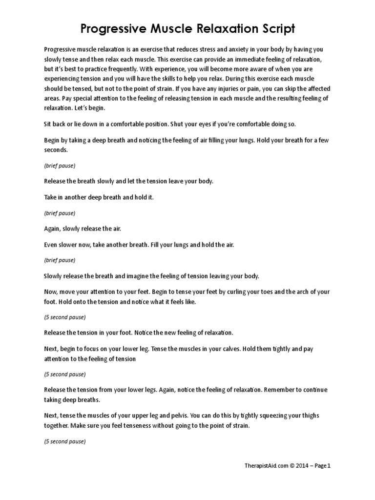 Progressive Muscle Relaxation Script: (Brief Pause) | PDF | Relaxation ...
