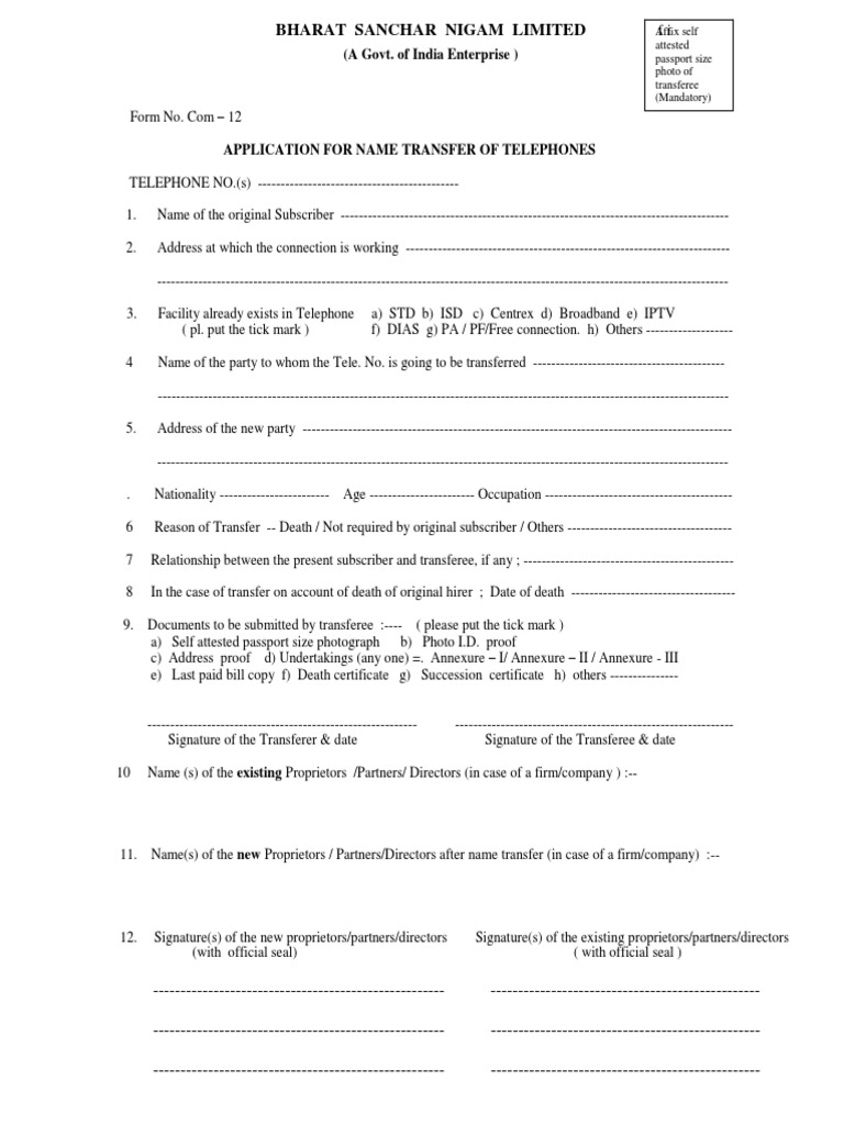 BSNL Name Transfer Form | PDF | Identity Document | Government