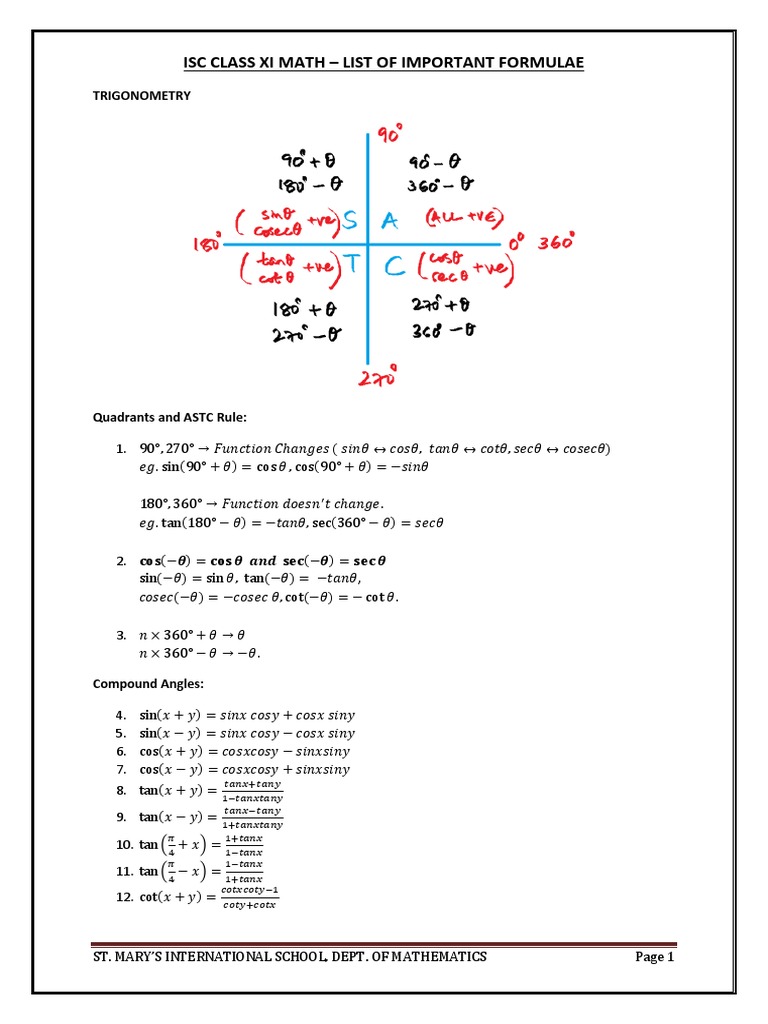 Isc Class Xi Math - List of Important Formulae: Trigonometry | PDF
