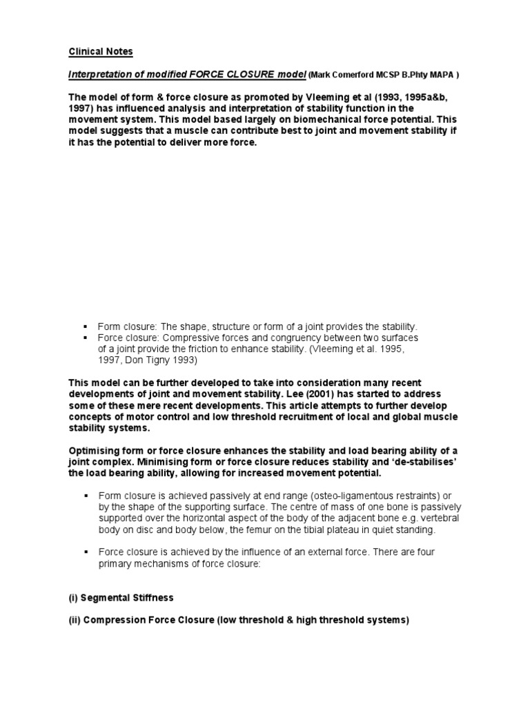 Interpretation of Modified FORCE CLOSURE Model: (Mark Comerford MCSP B ...