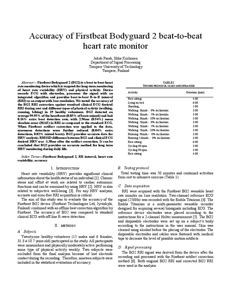 Accuracy of Firstbeat Bodyguard 2 Beat-To-Beat Heart Rate Monitor | PDF ...