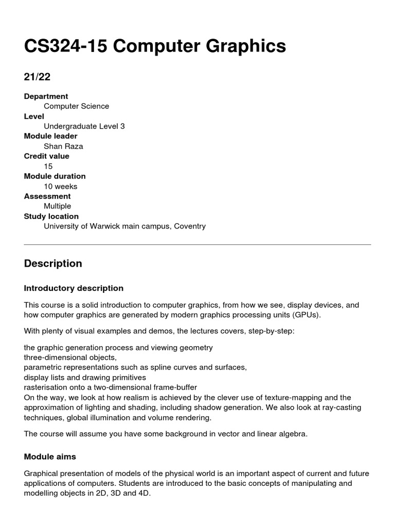 CS324-15 Computer Graphics: Department Level Module Leader Credit Value Module Duration ...
