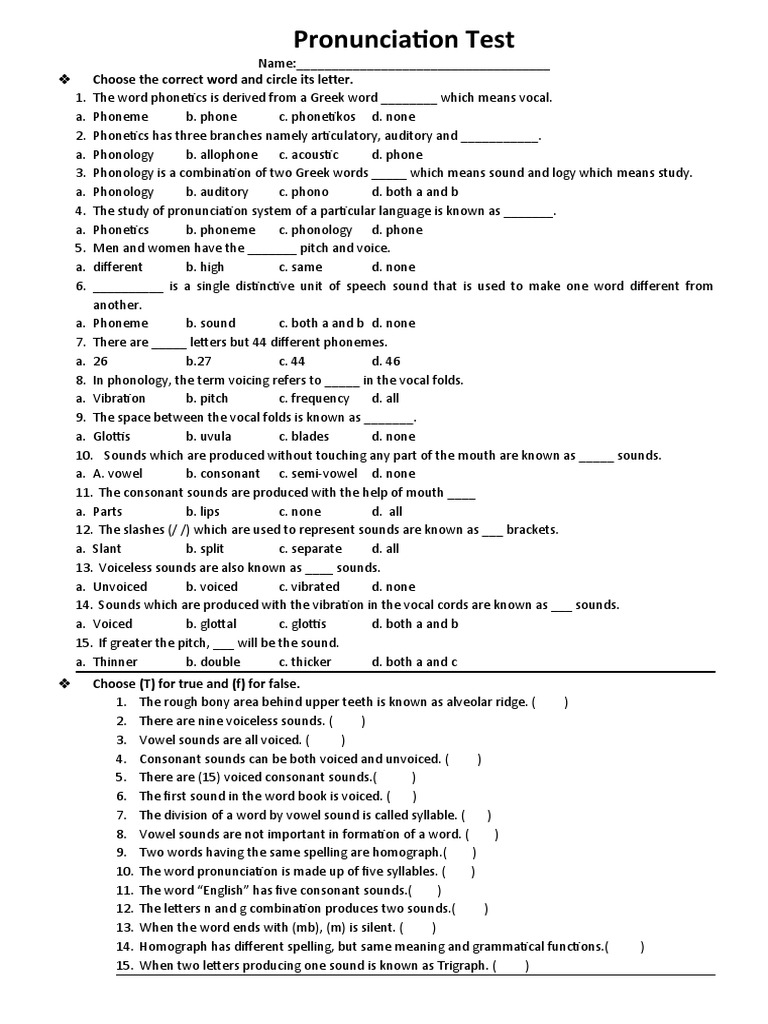 Pronunciation Test Questions and Answers | PDF | Phonetics | Phoneme