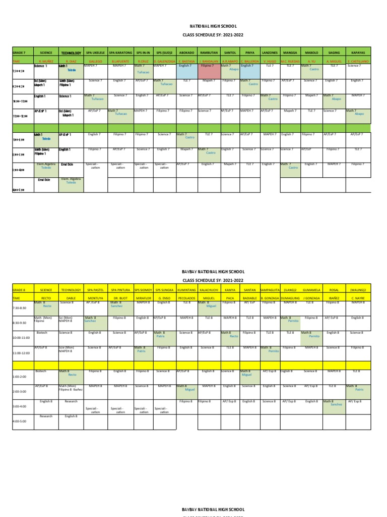 CLASS SCHEDULE SY: 2021-2022: National High School | PDF | Academia ...