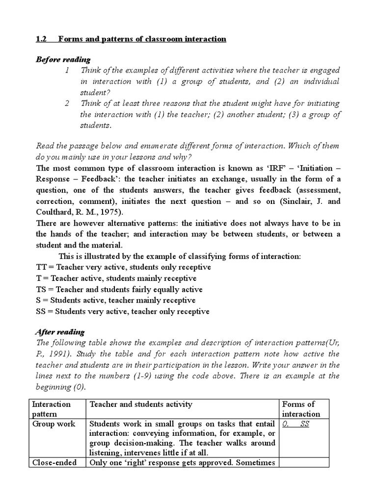 Forms and Patterns of Classroom Interaction | PDF | Teachers | Teaching