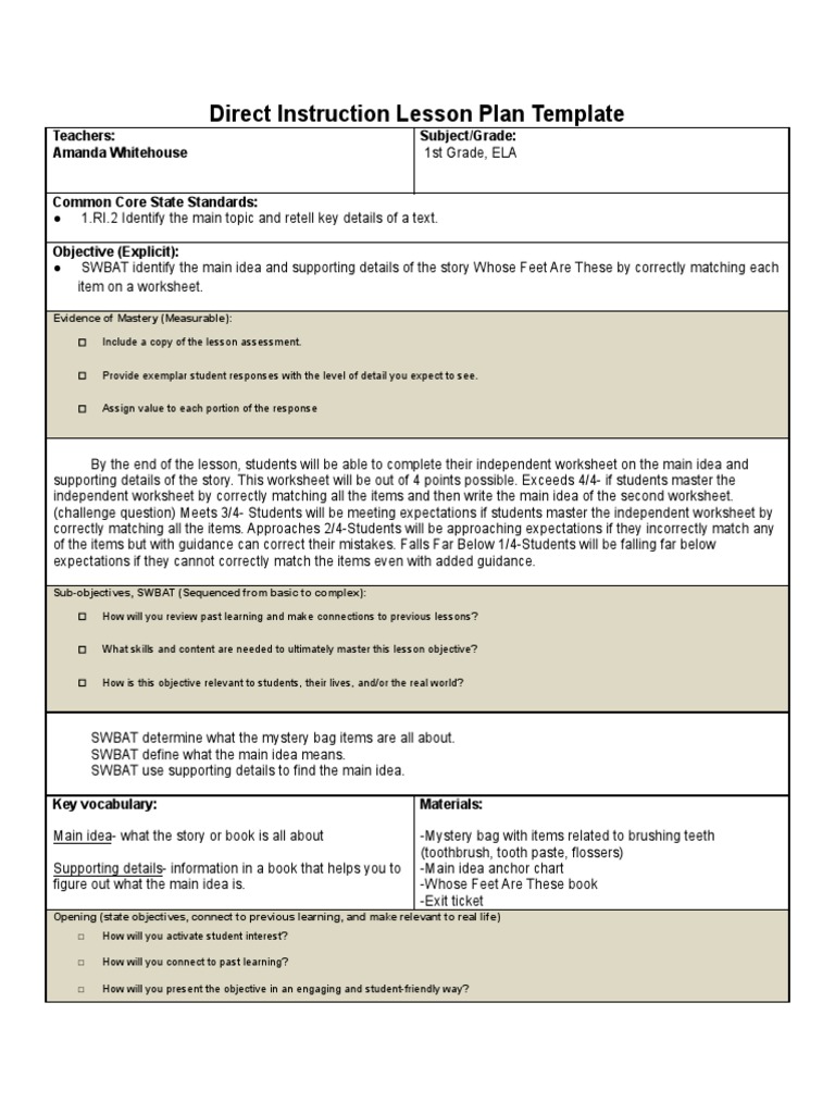 Main Idea Direct Instruction Lesson Plan 1 | PDF | Lesson Plan | Idea