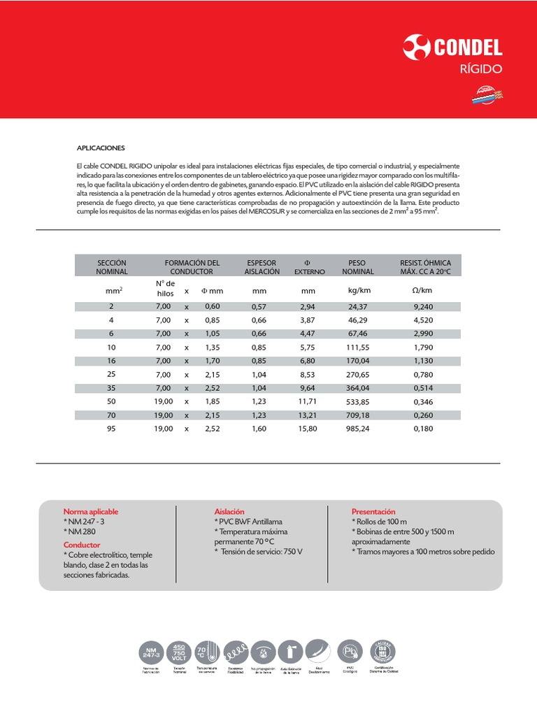 Catalogo Condel Multifilar Rigido Datasheet | PDF | Metrología | Cantidad