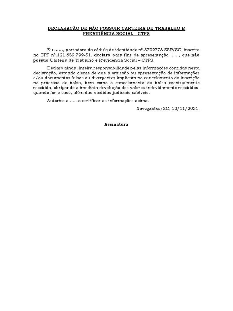 Declaração de Não Possuir Ctps para Preencher | PDF Declaração de Não Possuir Ctps para Preencher | PDF