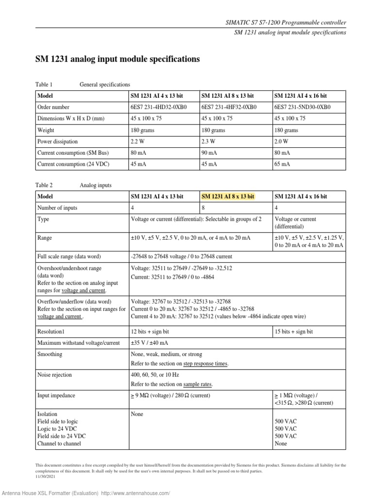 SM 1231 Analog Input Module Specs | PDF | Manufactured Goods | Computer ...