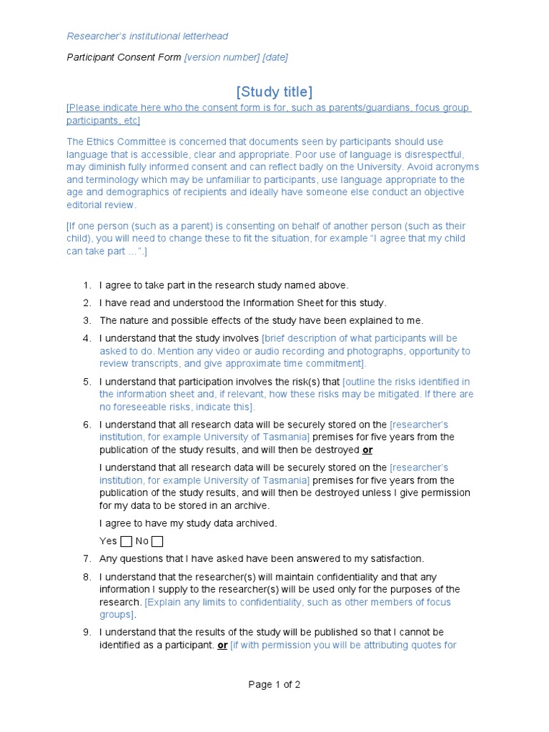 (Study Title) : Participant Consent Form | PDF | Consent