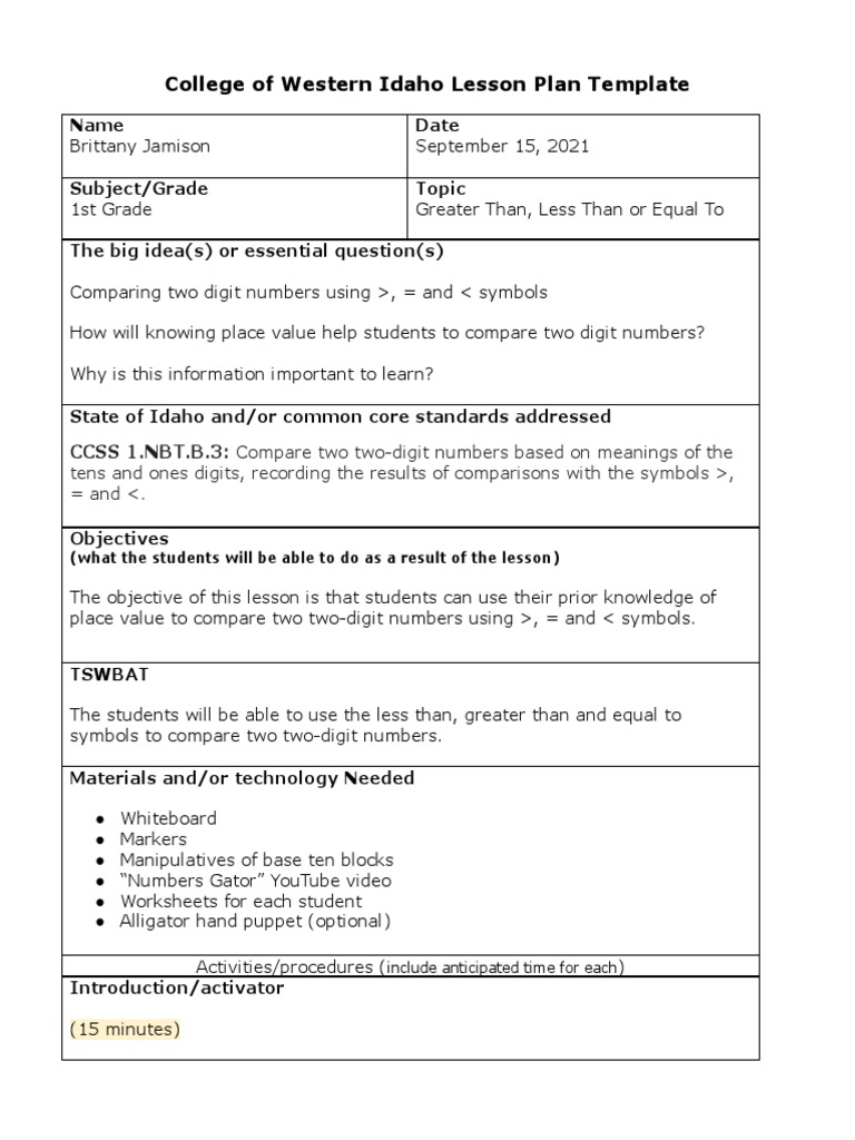 College of Western Idaho Lesson Plan Template: Name Date Subject/Grade ...
