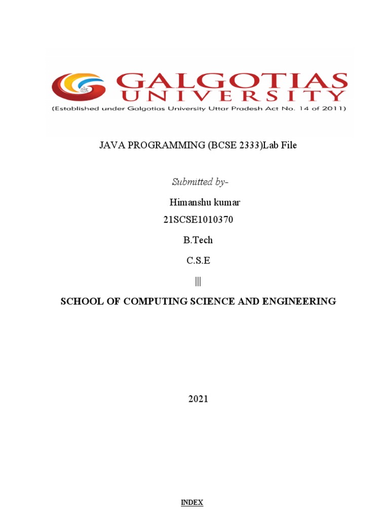 Java Programming (Bcse 2333) Lab File: Submitted by | PDF | Method ...