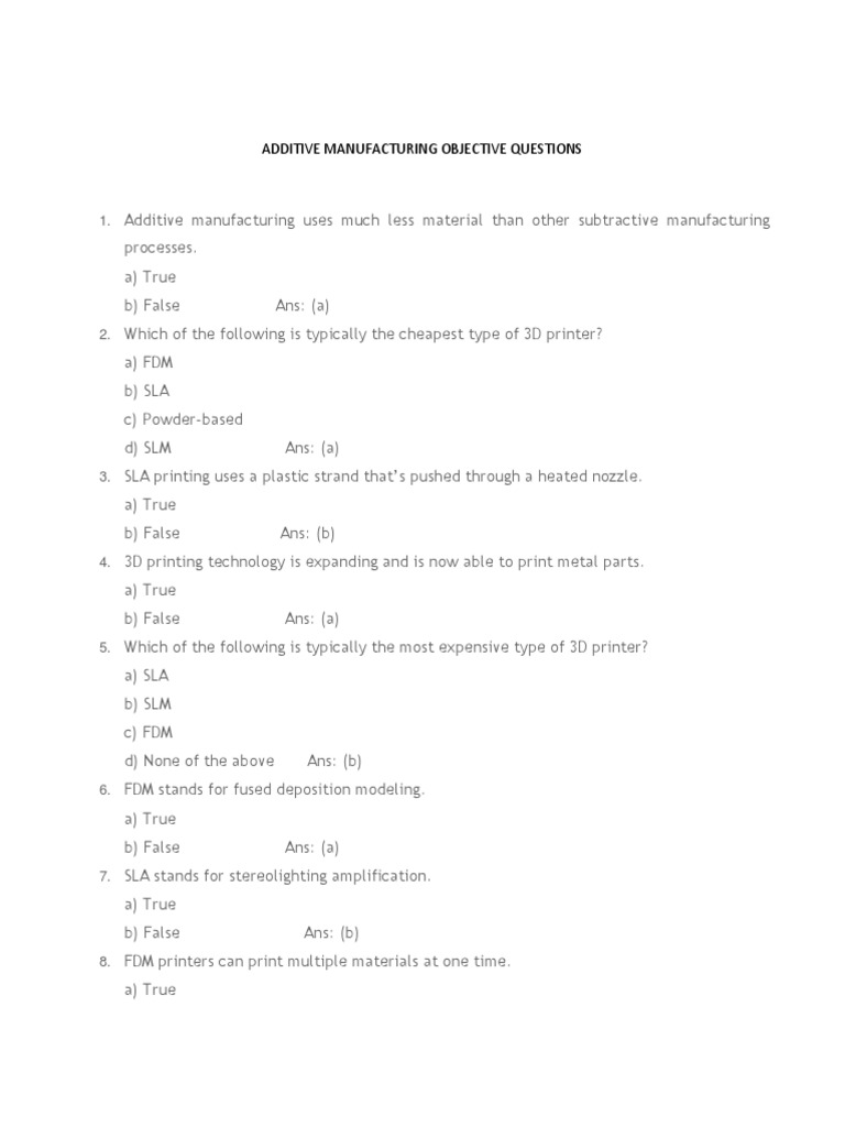 Additive Manufacturing Objective Questions | PDF | 3 D Printing | Crafts