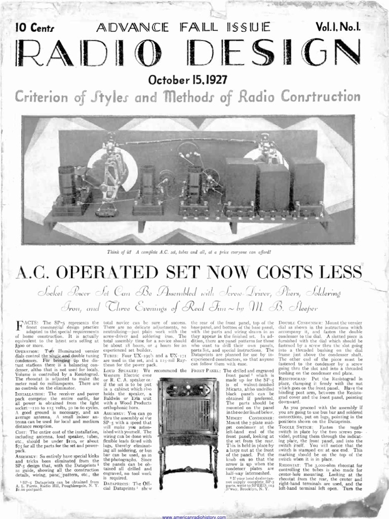 Radio Design V1 N1 1927 Fall | PDF | Screw | Amplifier