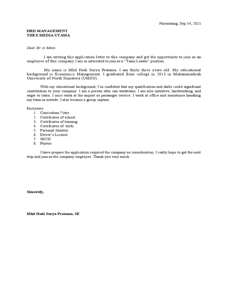 Dear Sir or Mam: HRD Management Thex Media Utama | PDF