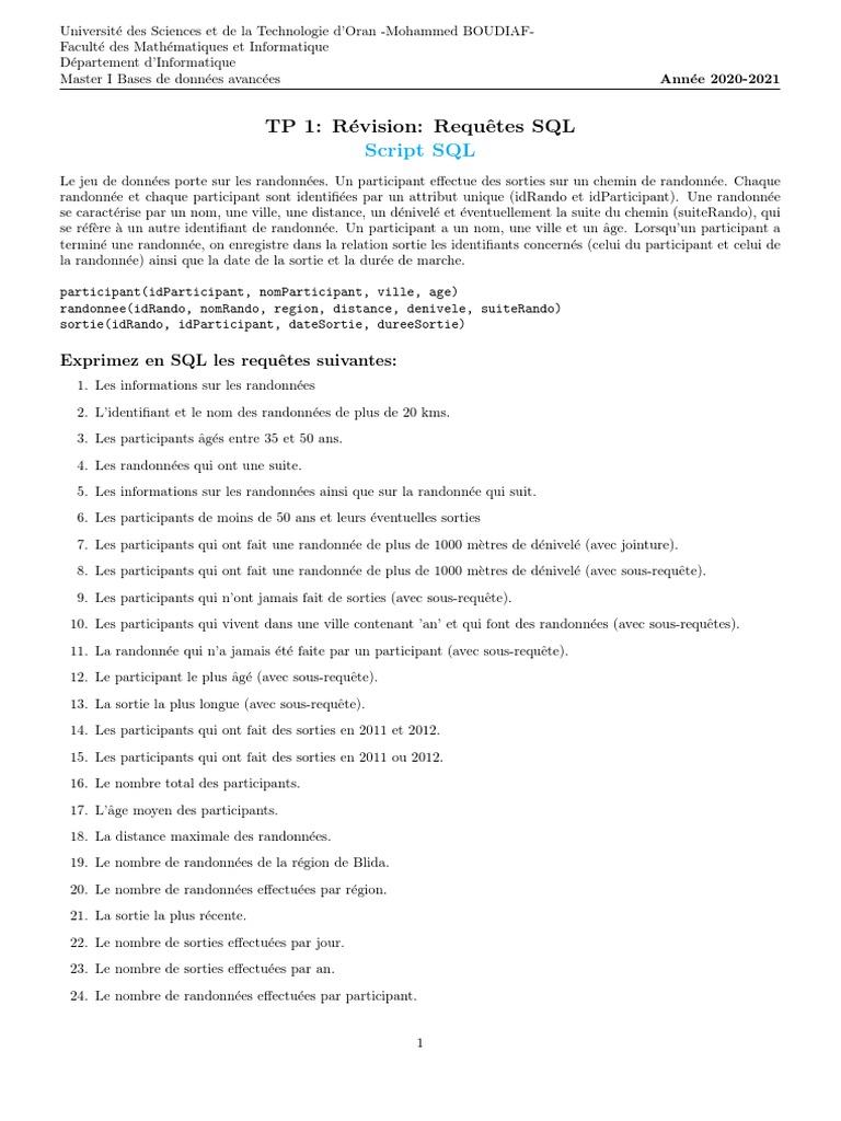 TP1 Révision SQL-1 | Descargar gratis PDF | Échecs