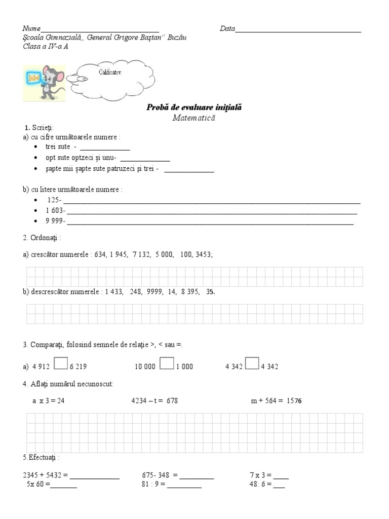 Evaluare Initiala Matematica Cls. A Iva | PDF