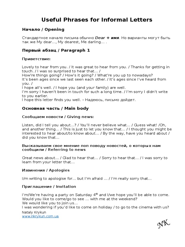 Useful Phrases For Informal Letters | PDF