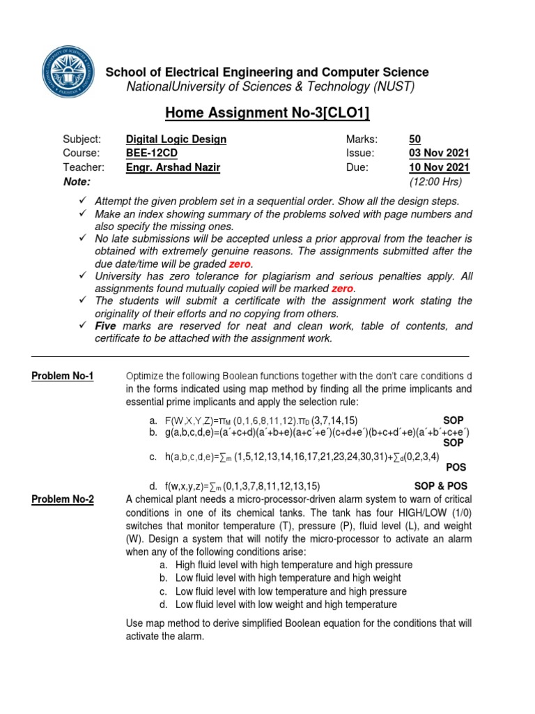 Home Assignment No-3 (CLO1) : School of Electrical Engineering and Computer Science | PDF ...
