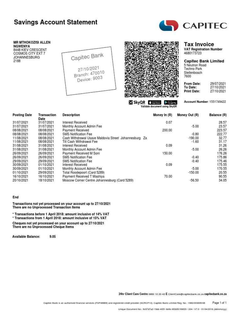 Savings Account Statement: Capitec B Ank | Download Free PDF ...